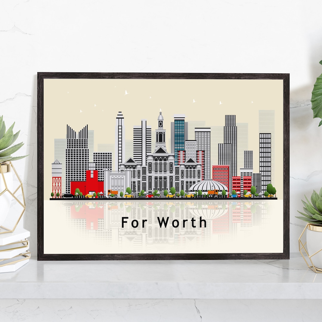 FORT WORTH TEXAS Illustration Skyline Poster, Texas State Modern ...