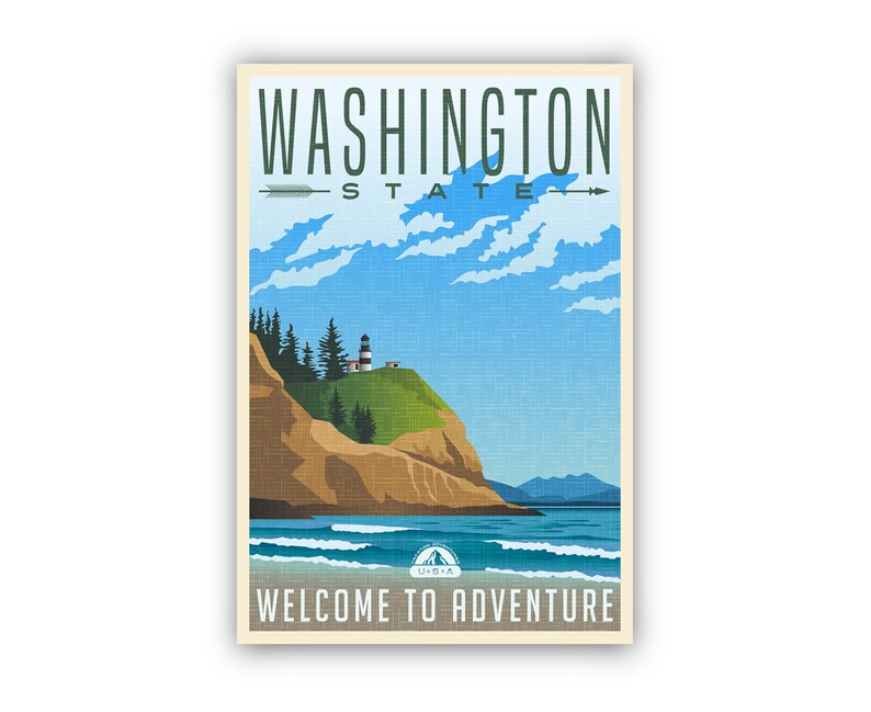 Retro Style Travel Poster, Washington Vintage Rustic Poster Print, Home ...