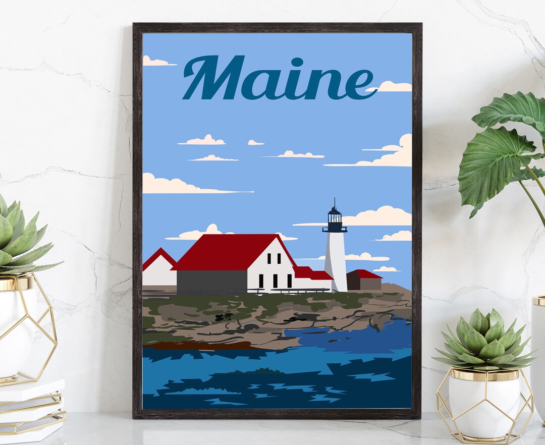 Retro Style Travel Poster, Maine Vintage Rustic Poster Print, Home Wall ...