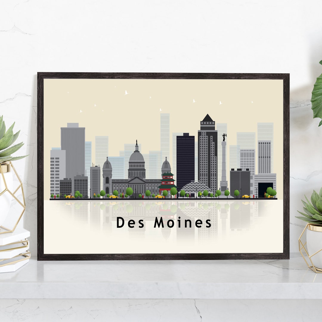 DES MOINES IOWA Illustration Skyline Poster, Iowa State Modern Skyline ...