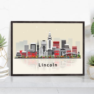 LINCOLN NEBRASKA Illustration Skyline Poster, Nebraska State Modern ...