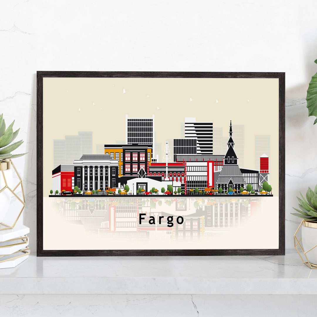 FARGO NORTH DAKOTA Illustration Skyline Poster, Texas State Modern ...