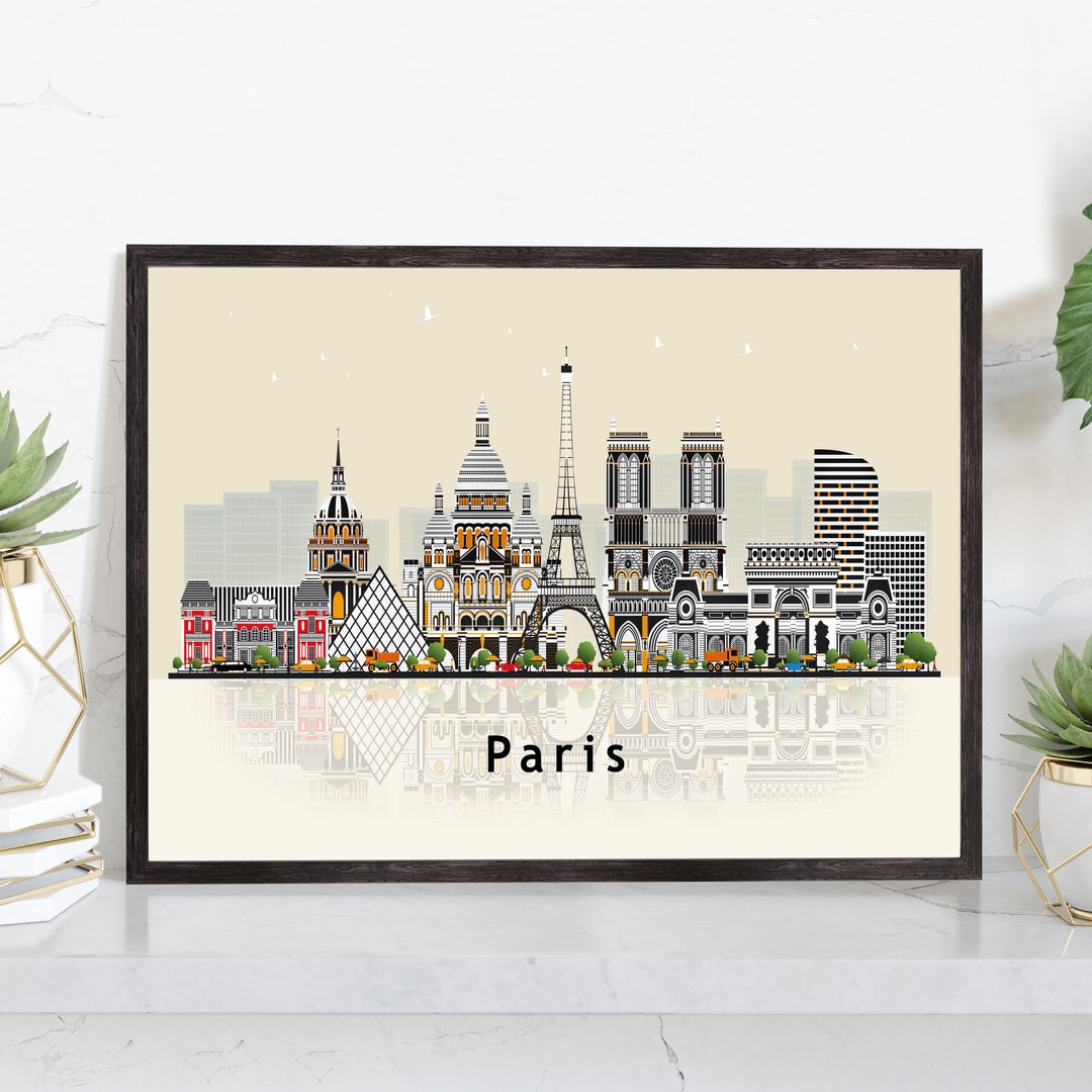 PARIS FRANCE Illustration Skyline Poster, Modern Skyline Cityscape ...