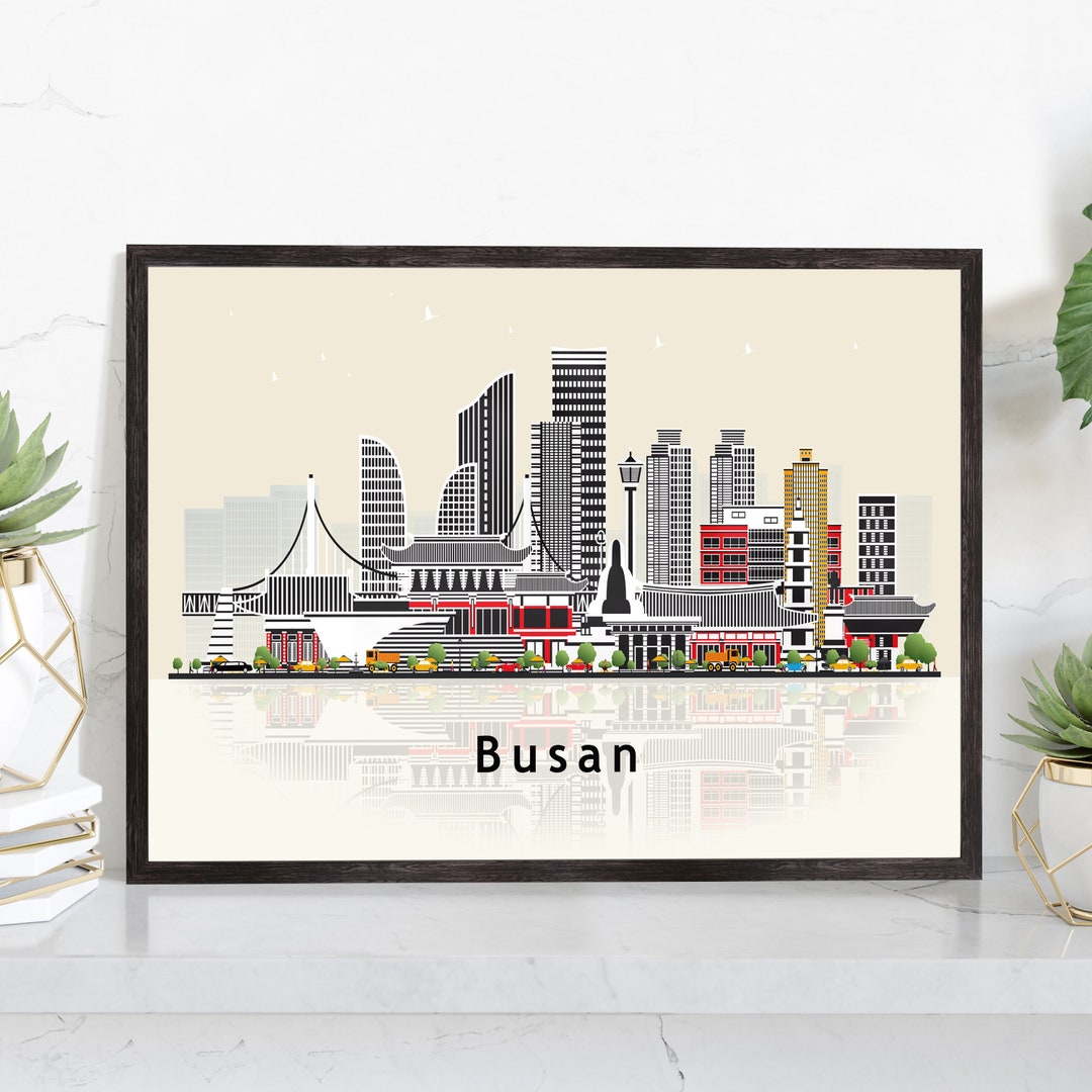 BUSAN SOUTH KOREA Illustration Skyline Poster, Modern Skyline Cityscape ...