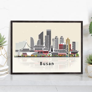 BUSAN SOUTH KOREA Illustration Skyline Poster, Modern Skyline Cityscape ...