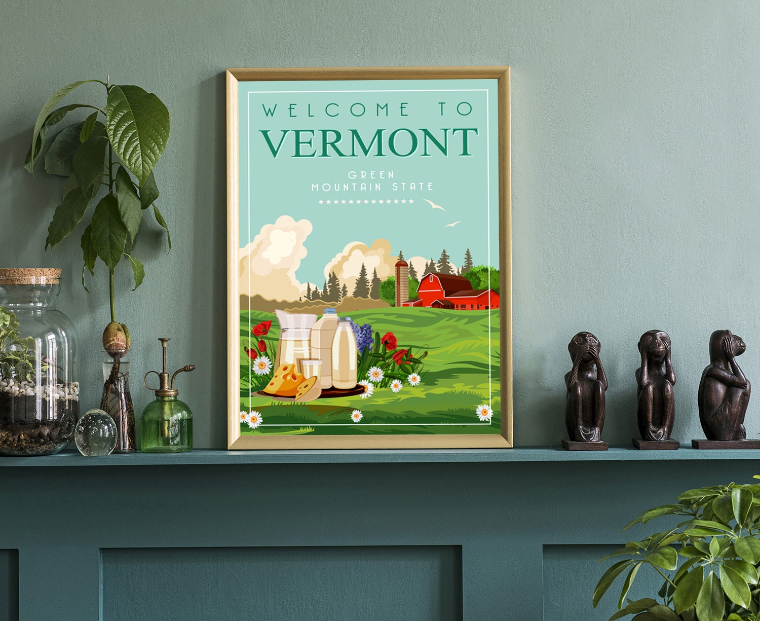 Retro Style Travel Poster, Vermont Vintage Rustic Poster Print, Home ...