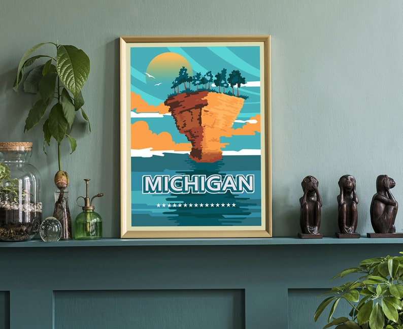 Retro Style Travel Poster, Michigan Vintage Rustic Poster Print, Home ...