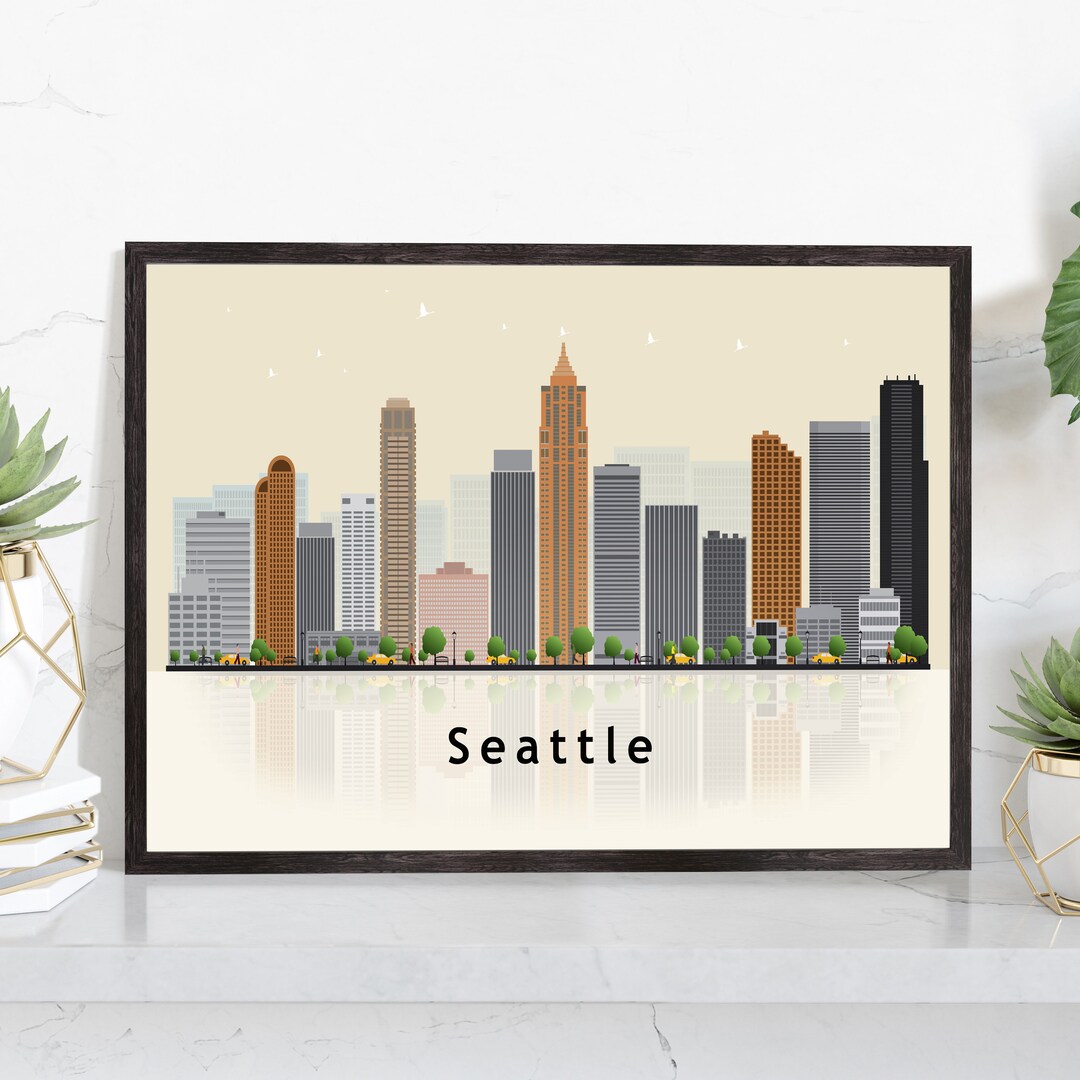 SEATTLE WASHINGTON STATE Illustration Skyline Poster, Washington State ...