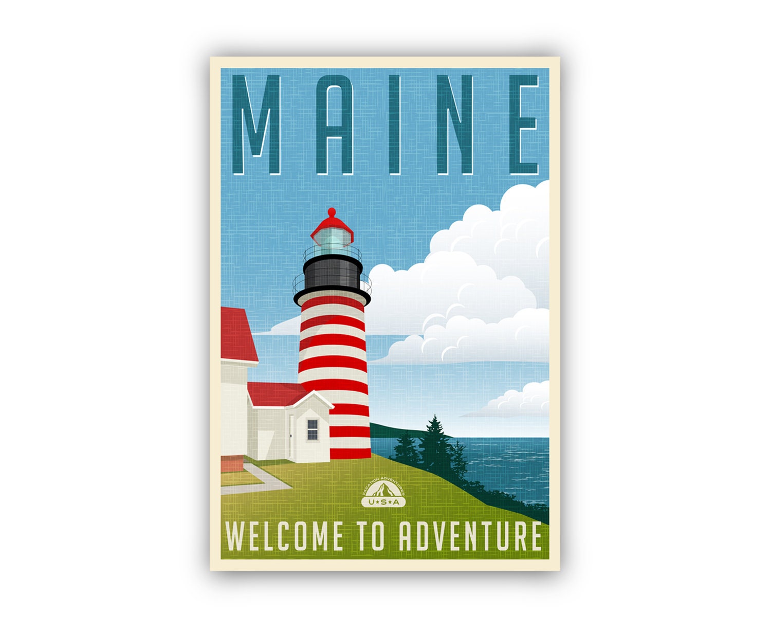 Retro Style Travel Poster, Maine Vintage Rustic Poster Print, Home Wall ...