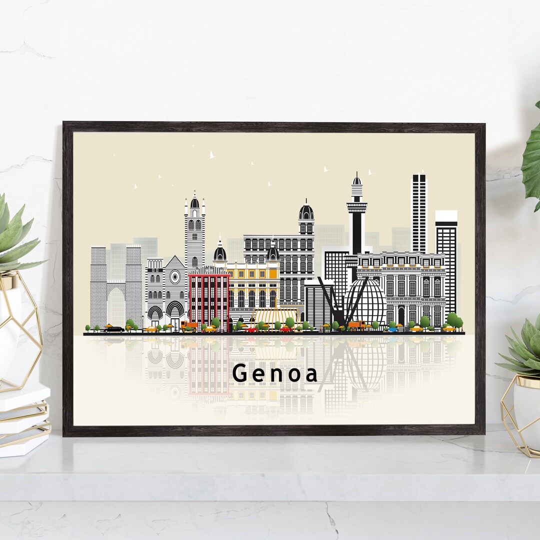 GENOA ITALY Illustration Skyline Poster, Italy Modern Skyline Cityscape ...