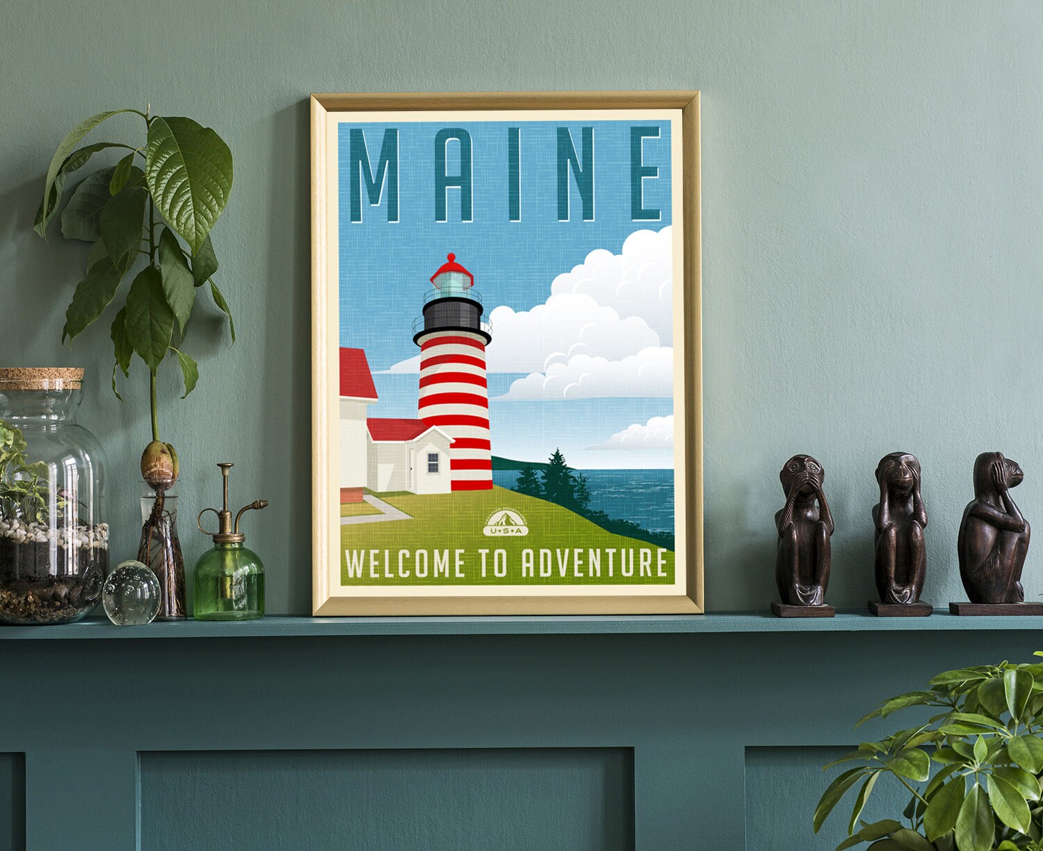 Retro Style Travel Poster, Maine Vintage Rustic Poster Print, Home Wall ...