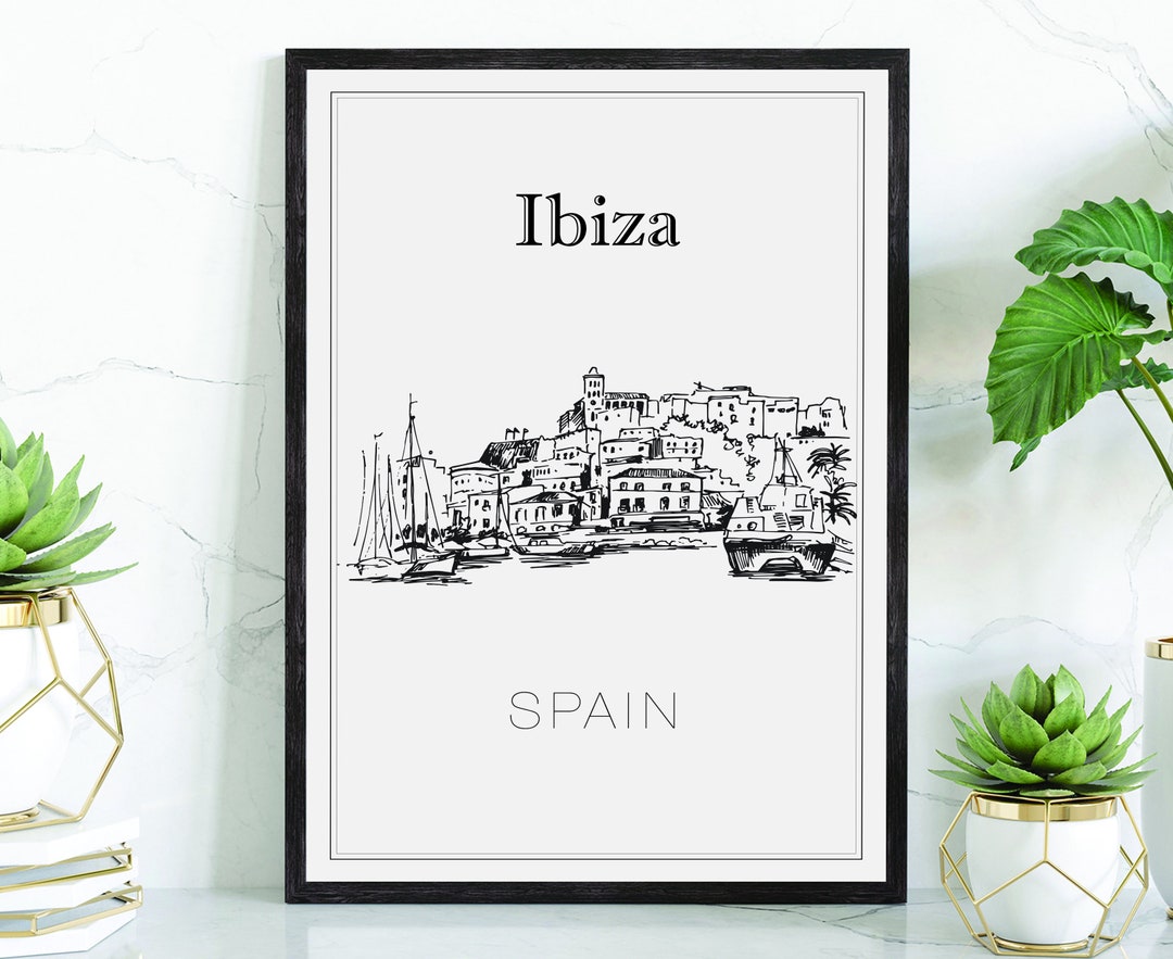 Hand Drawn Poster, Ibiza Travel Poster, Spain Ibiza Poster Wall Art, Ibiza Cityscape and ...