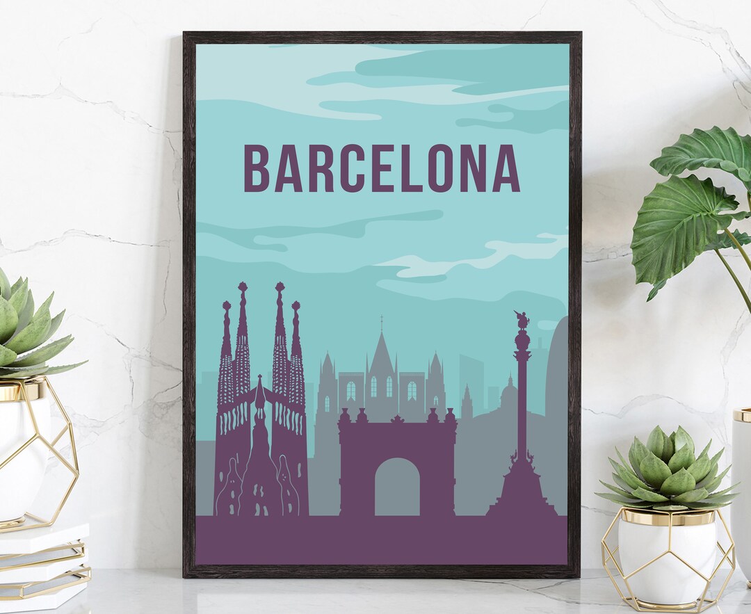 Retro Style Travel Poster, BARCELONA Cityscape Landmark Poster Wall Art ...