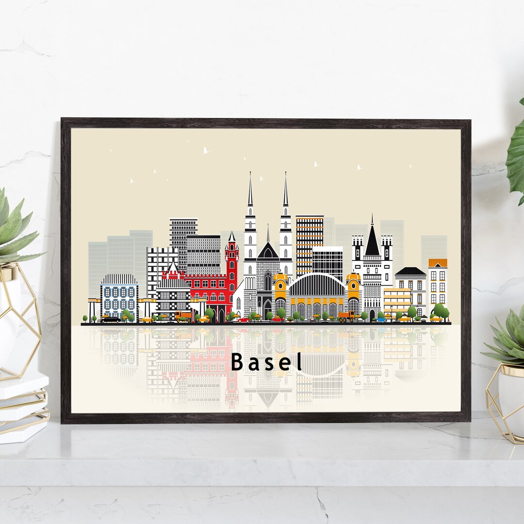 BASEL SWITZERLAND Illustration Skyline Poster, Modern Skyline Cityscape ...