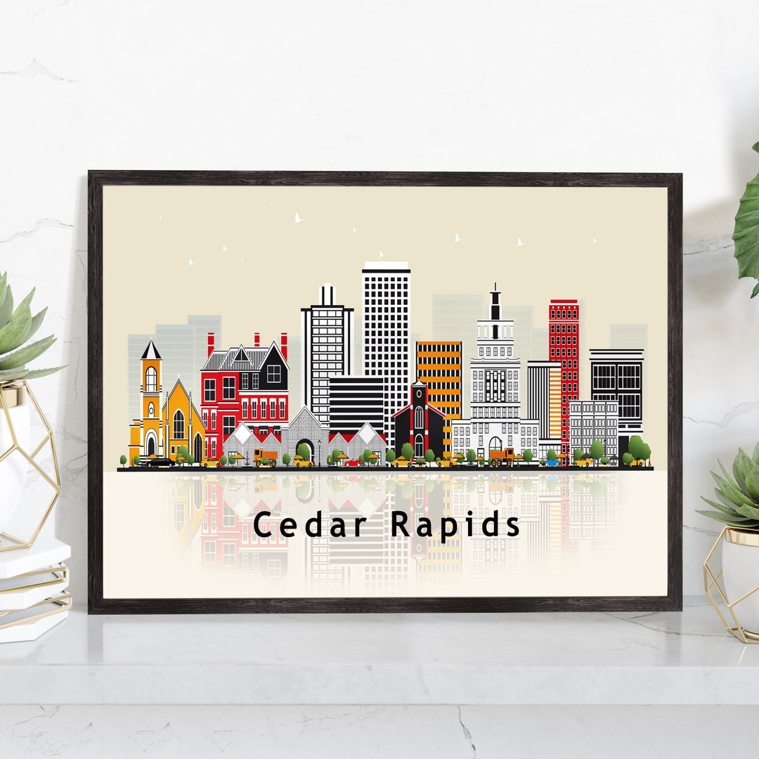 CEDAR RAPIDS IOWA Illustration Skyline Poster, Iowa State Modern ...