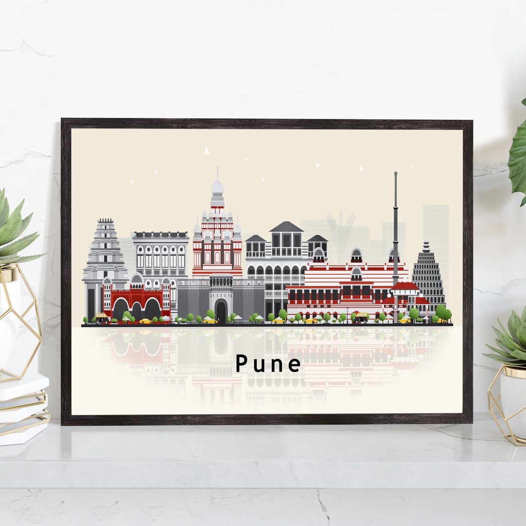 PUNE INDIA Illustration Skyline Poster, Modern Skyline Cityscape Poster ...