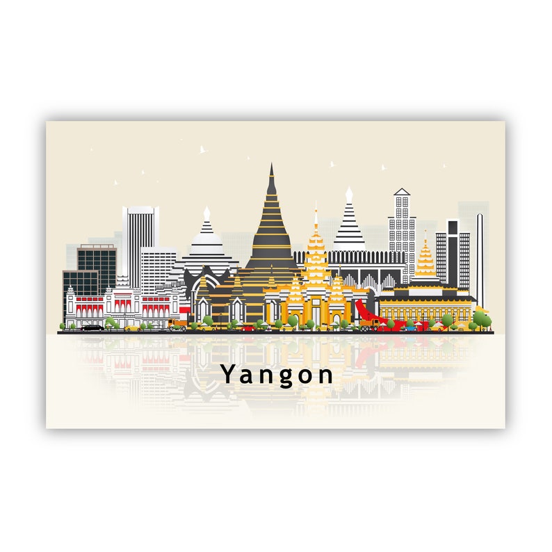 YANGON MYANMAR Illustration Skyline Poster, Modern Skyline Cityscape ...