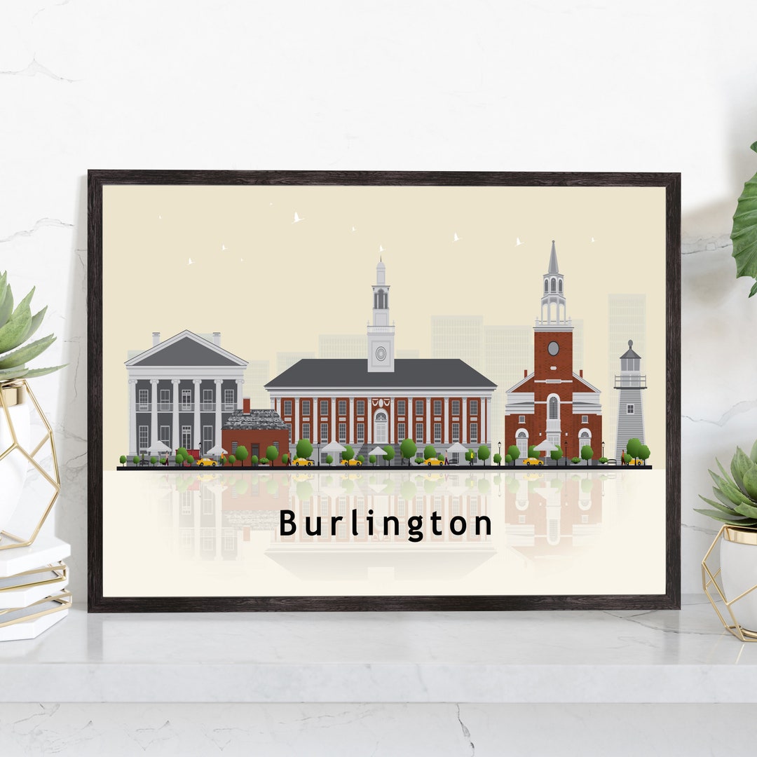 BURLINGTON VERMONT Illustration Skyline Poster, Vermont State Modern ...