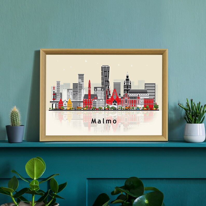 MALMO SWEDEN Illustration Skyline Poster, Modern Skyline Cityscape ...