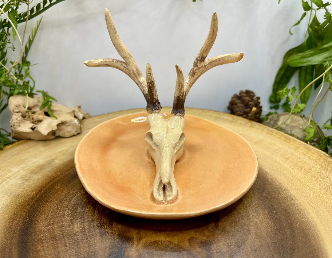 Antler Ring Dish, Hand Sculpted White Tailed Deer Skull, Peach Jewelry ...