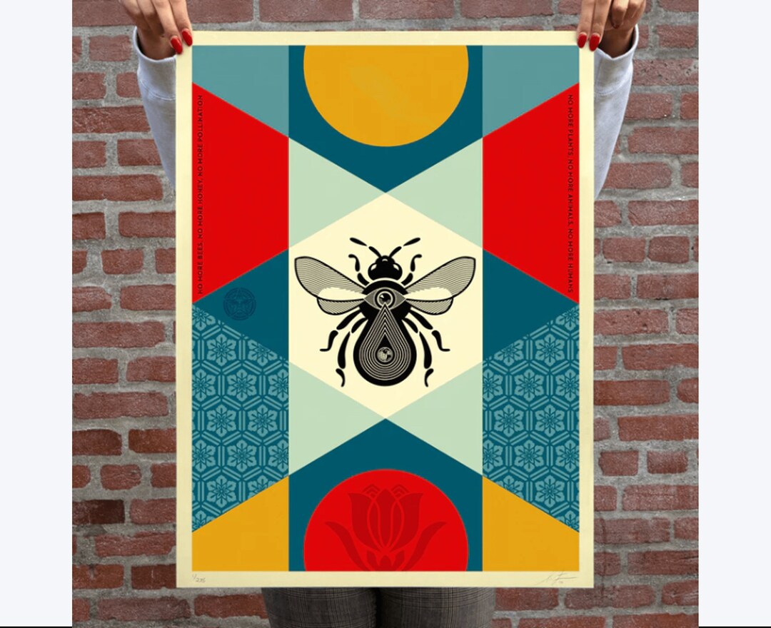 Signed Poster Bee Geometric RED Shepard Fairey OBEY Limited Edition of ...