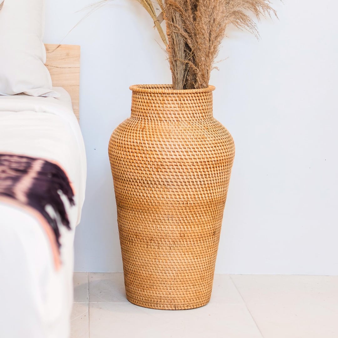 Woven Rattan Vase Round – Large Boho Decorative Vase – Vase Tall ...