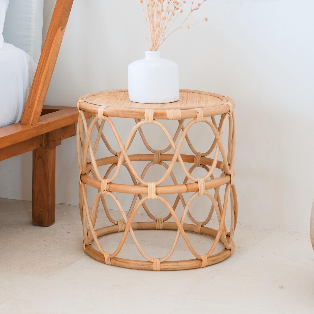 Round Rattan Side Table – Small Boho Coffee Table – Bedside Table ...