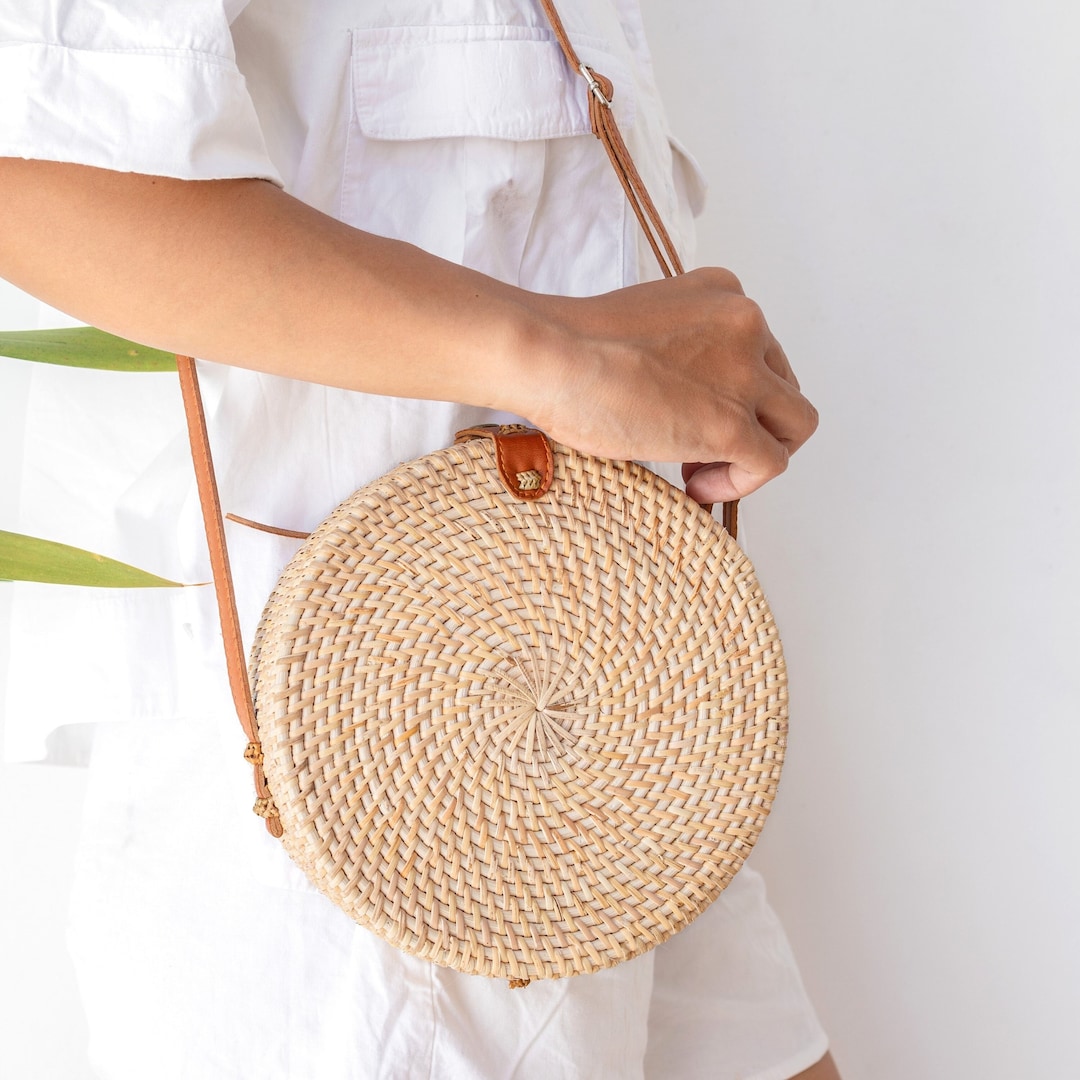 Round Rattan Bag Beige Handmade Crossbody Bag With Synthetic Leather ...