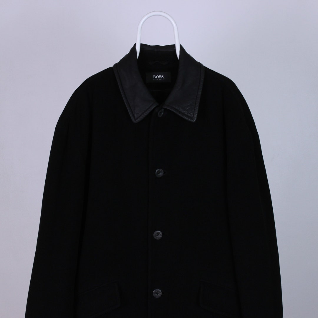 Hugo Boss Heavy Coat Jacket Men Wool Black Leather L XL - Etsy