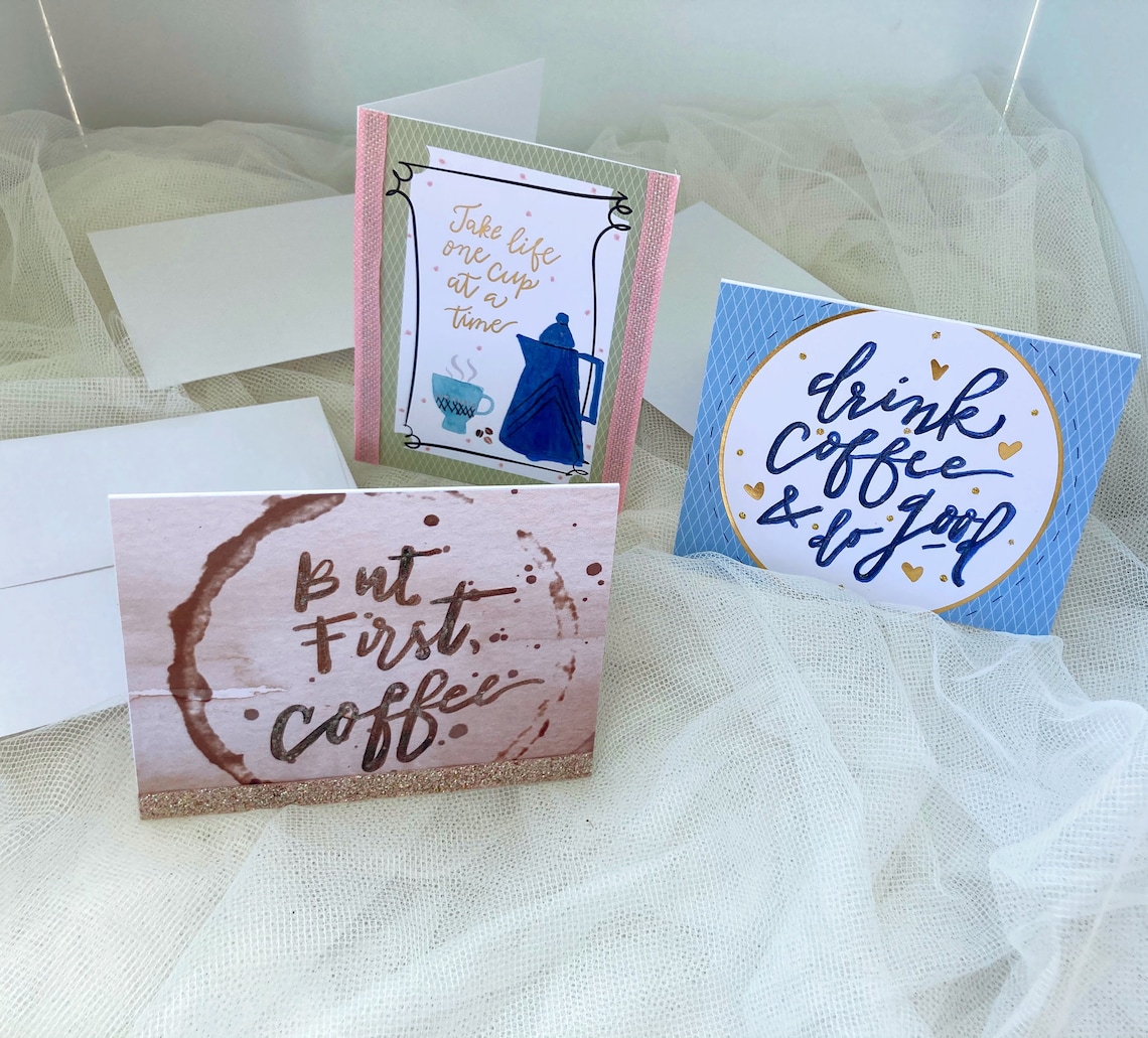 Coffee Cards, Set of 3 Coffee Themed Greeting Cards, but First Coffee ...