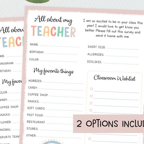 Teacher Questionnaire Printable // Back to School - Etsy