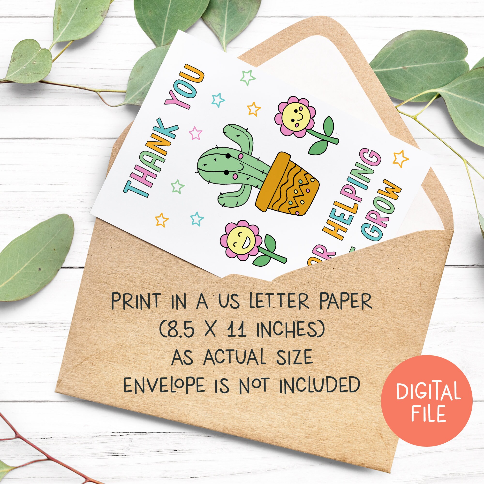 Thank You for Helping Me Grow Card, Printable Teacher Thank You Card ...