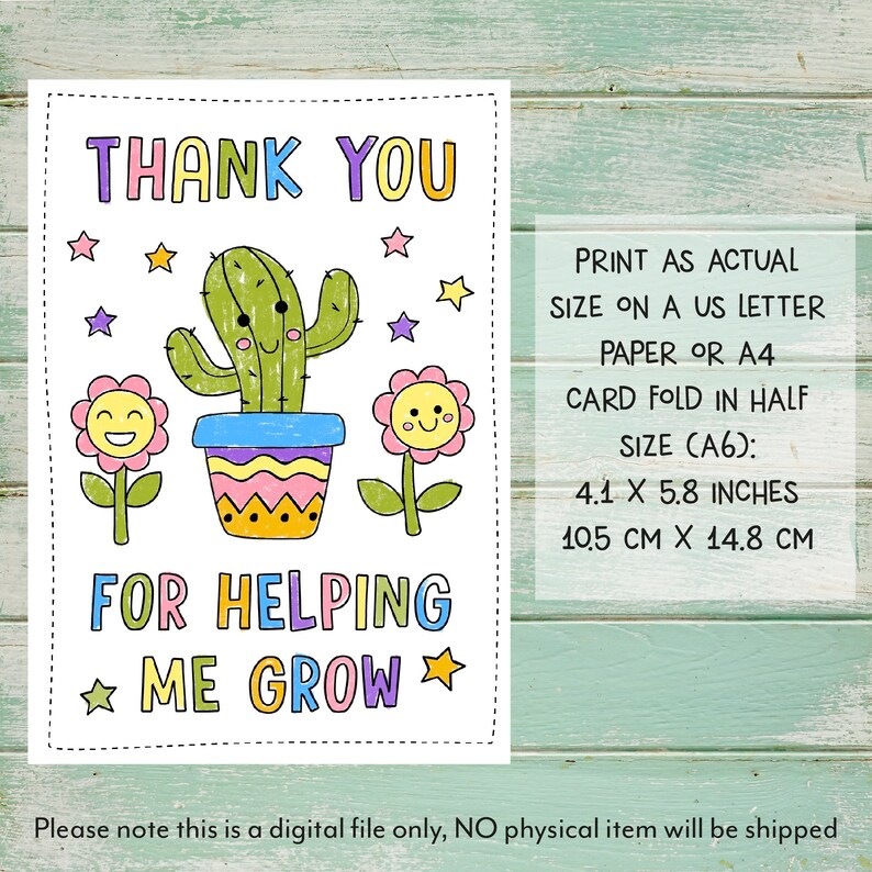 Thank You for Helping Me Grow Card, Teacher Thank You Card Printable ...