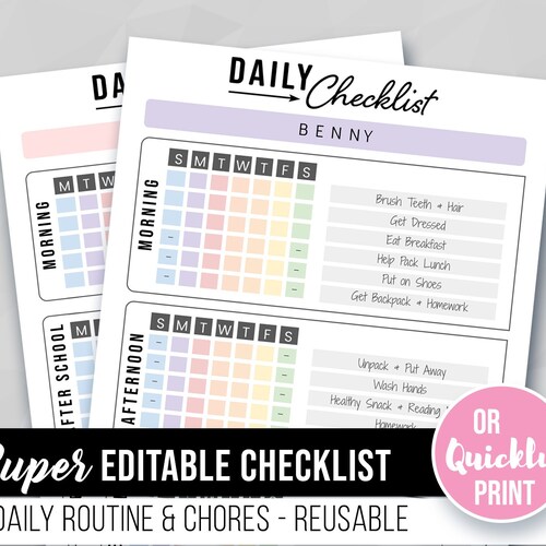Printable Editable Daily Routine for Kids Chore Chart for - Etsy
