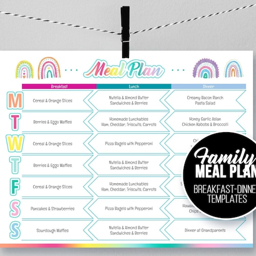 Rainbow Family Meal Plan Template Menu Planner Breakfast - Etsy