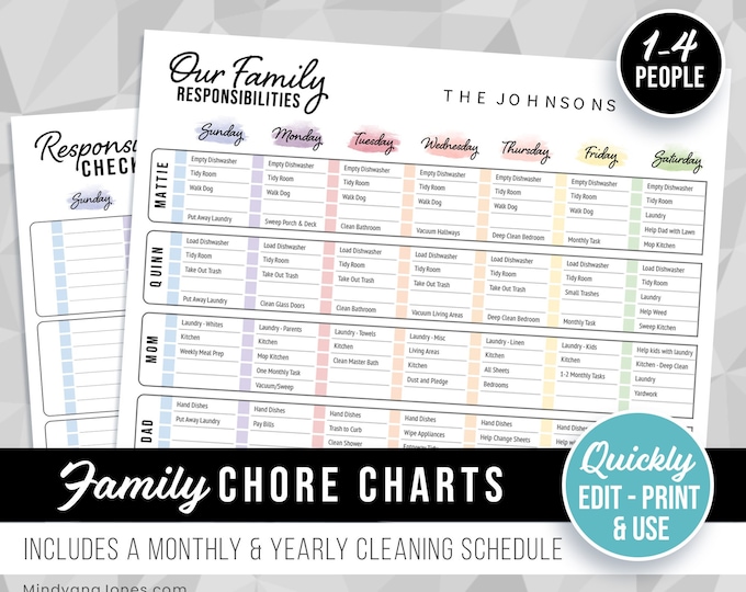 Create a Family Chore Chart! 1-4 Kids Responsibility Printable, Weekly ...