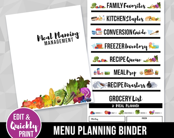 Menu & Kitchen Planning Binder Printable, Recipe Meal Planner Book ...