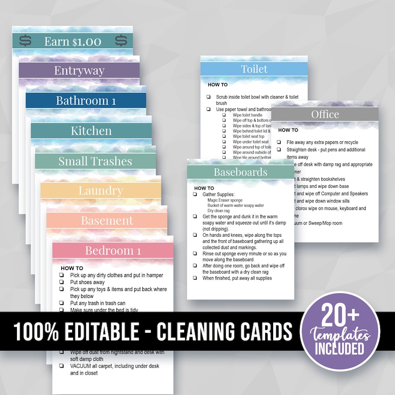 Family Cleaning Cards Editable, Printable, Chore Checklist for Kids ...