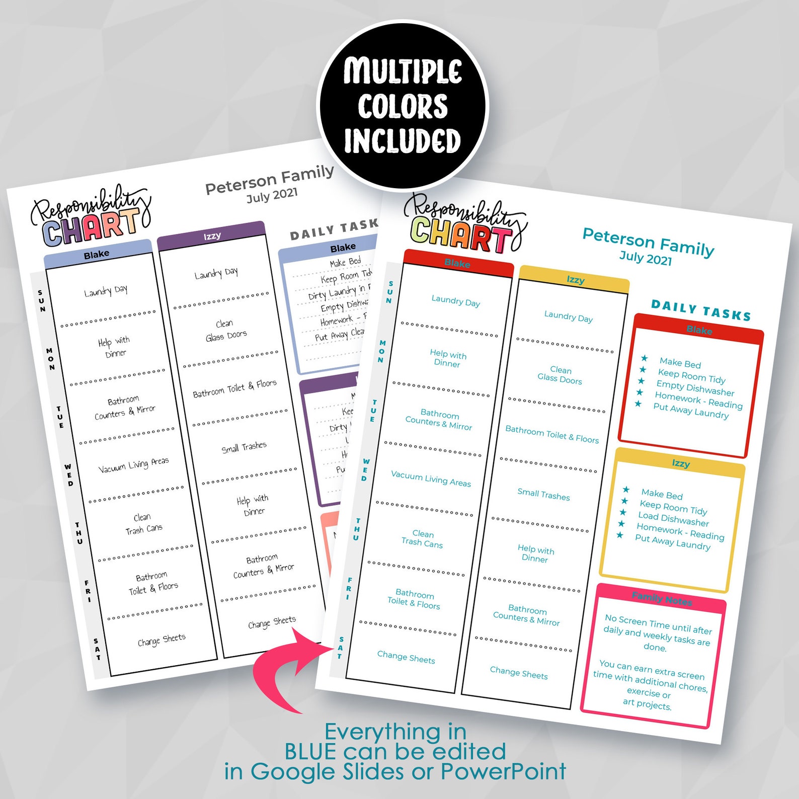 4 Family Chore Charts Instant Download Printable Responsibility Chart ...