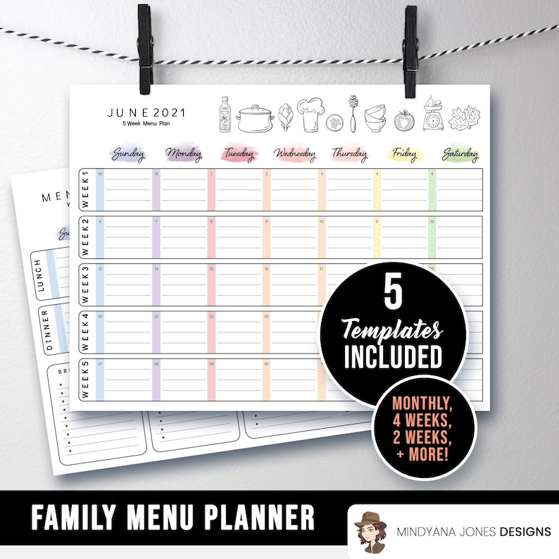 Monthly & Weekly Family Menu Planners Printable Meal - Etsy