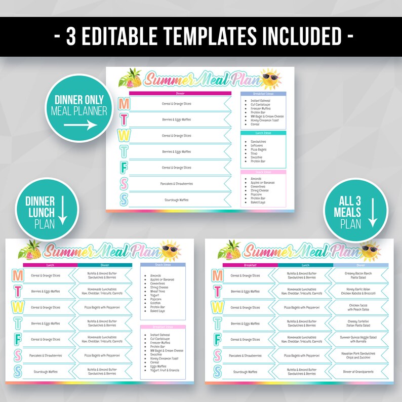 Summer Family Meal Plan Template Menu Planner Breakfast - Etsy