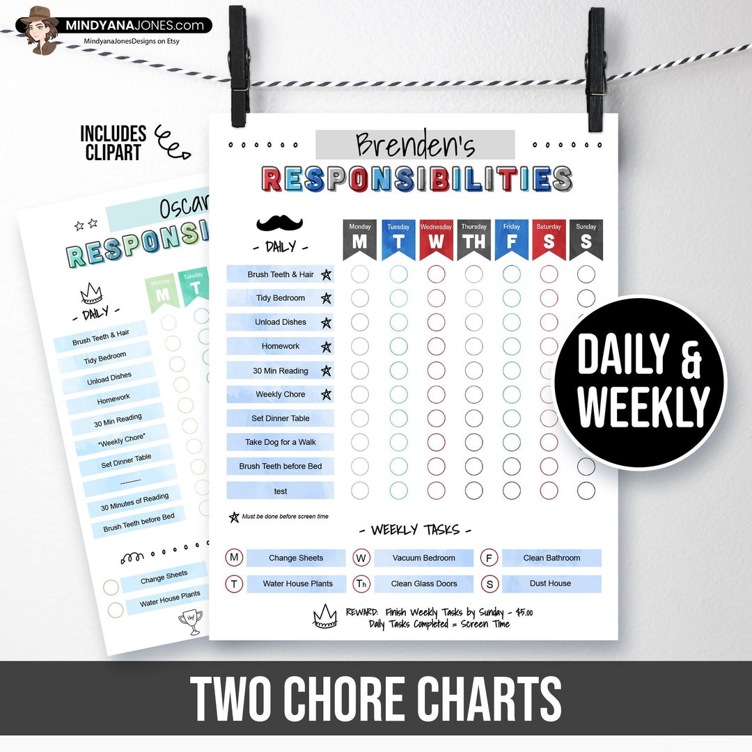 2 Editable Chore and Responsibilities Charts, Kids Teens Weekly & Daily ...