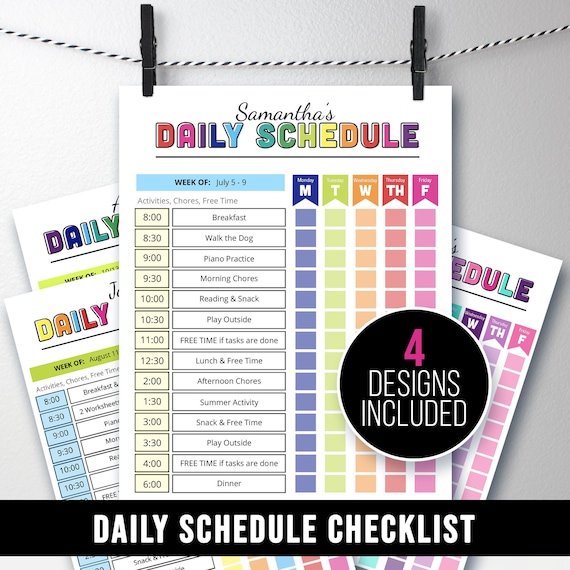 4 Daily Kids Schedule Checklist Templates Colorful Rainbow - Etsy