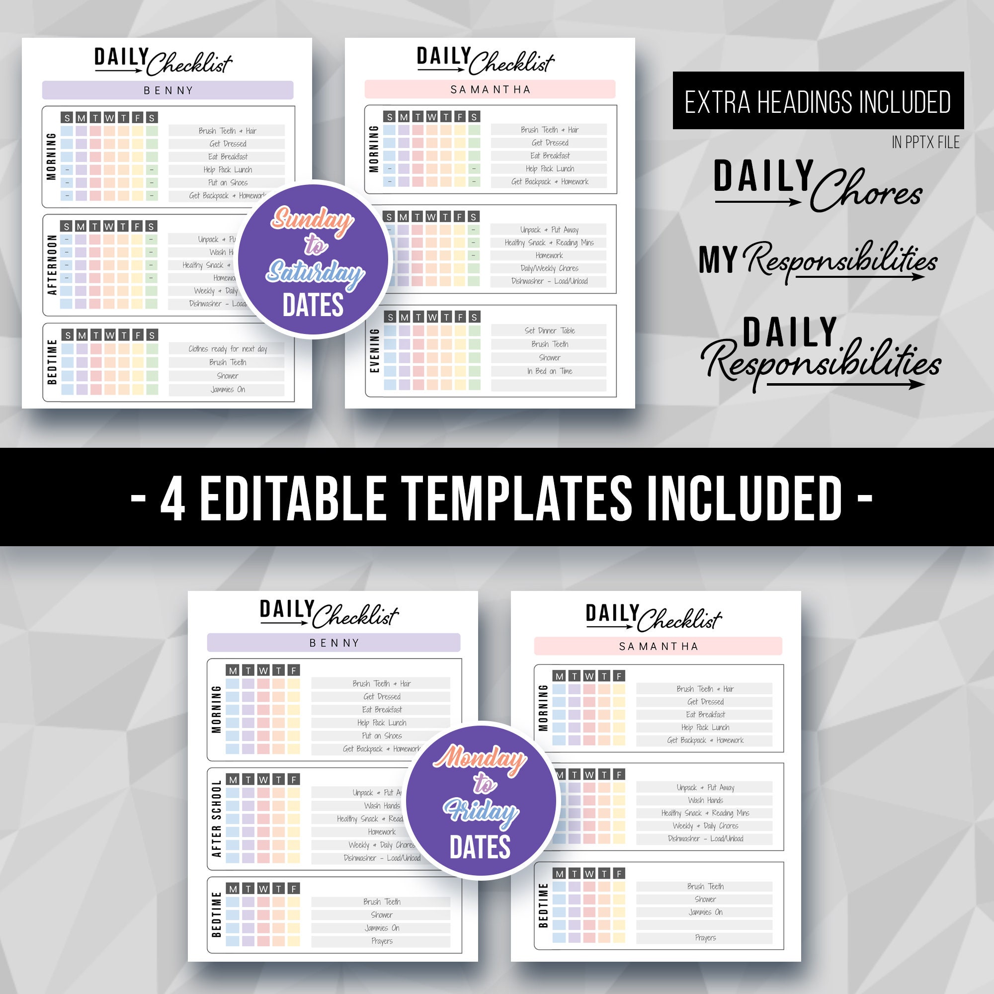 Printable Editable Daily Checklist for Kids Teen or Adults, Chore Chart ...