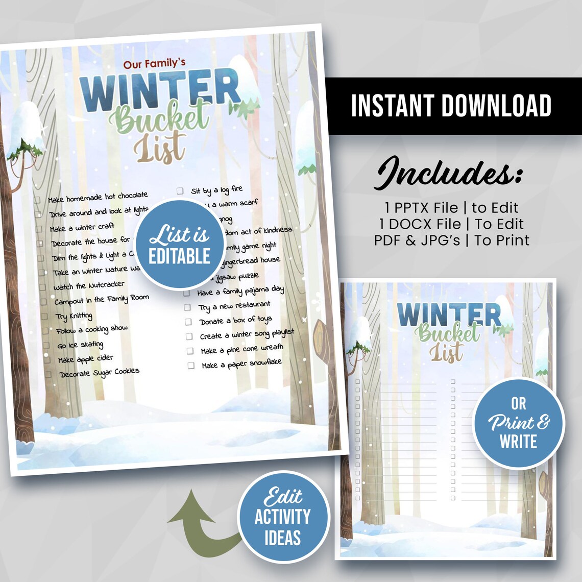 EDITABLE Winter Bucket List Printable Kids Family Checklist - Etsy