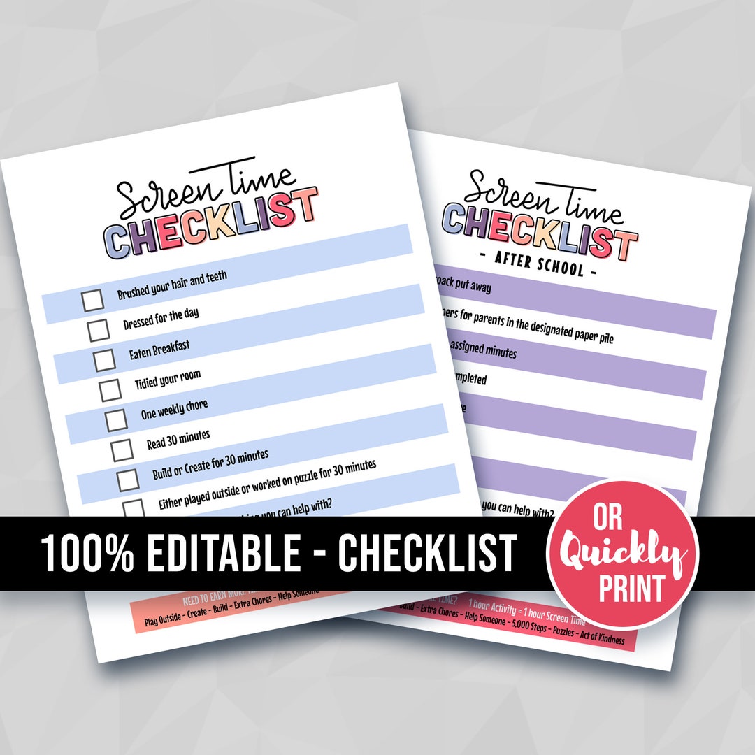 3 Screen Time Checklists, Printable Editable, After School or Summer ...