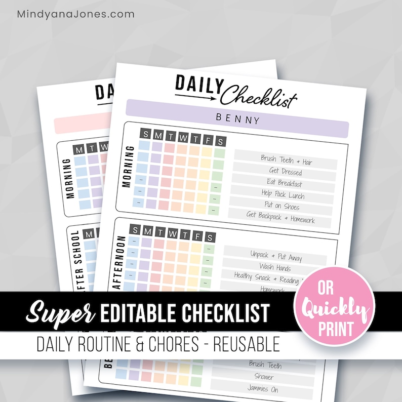 Printable Editable Daily Checklist for Kids Teen or Adults - Etsy