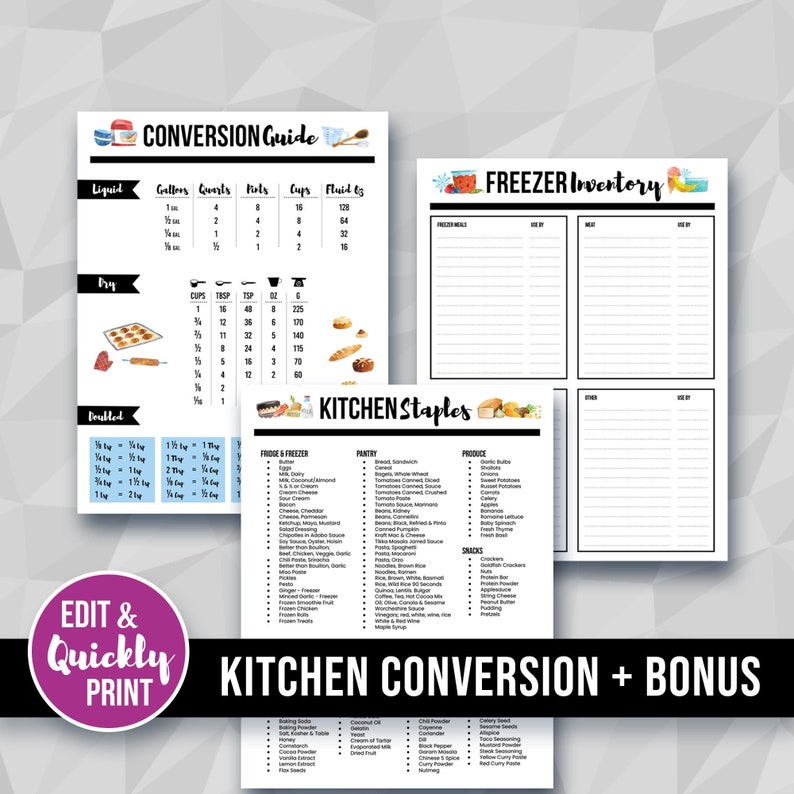 Kitchen Conversion Printable Cheat Sheet for Reference Binder ...