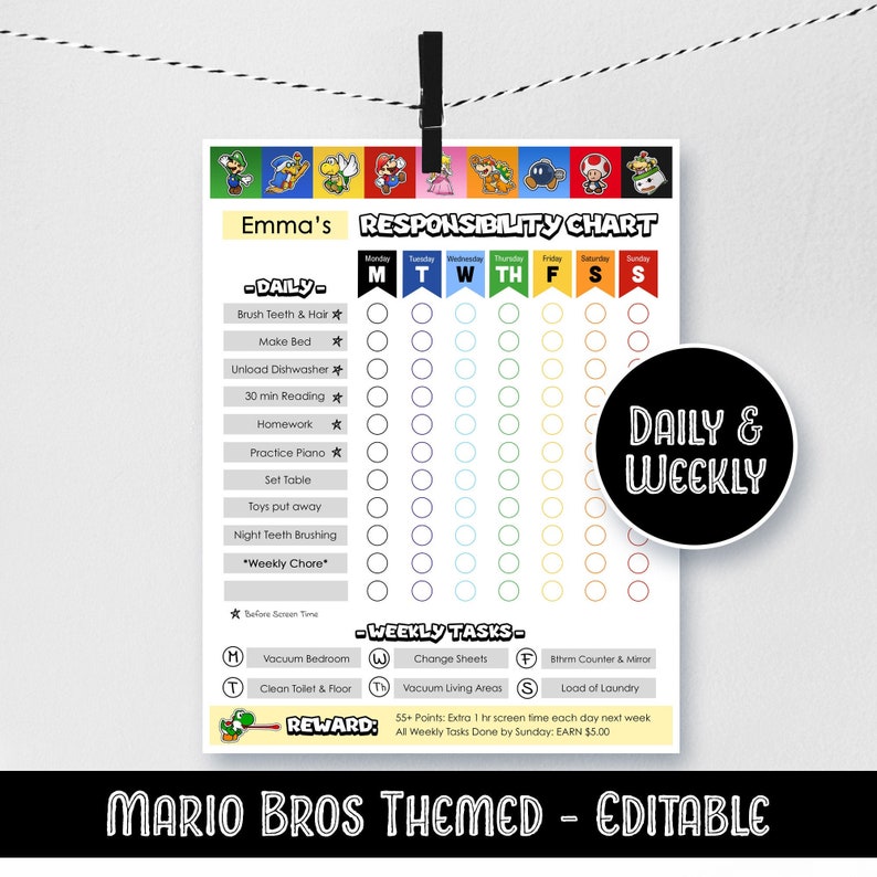 Mario Themed Chore Chart Weekly & Daily Tasks Daily | Etsy
