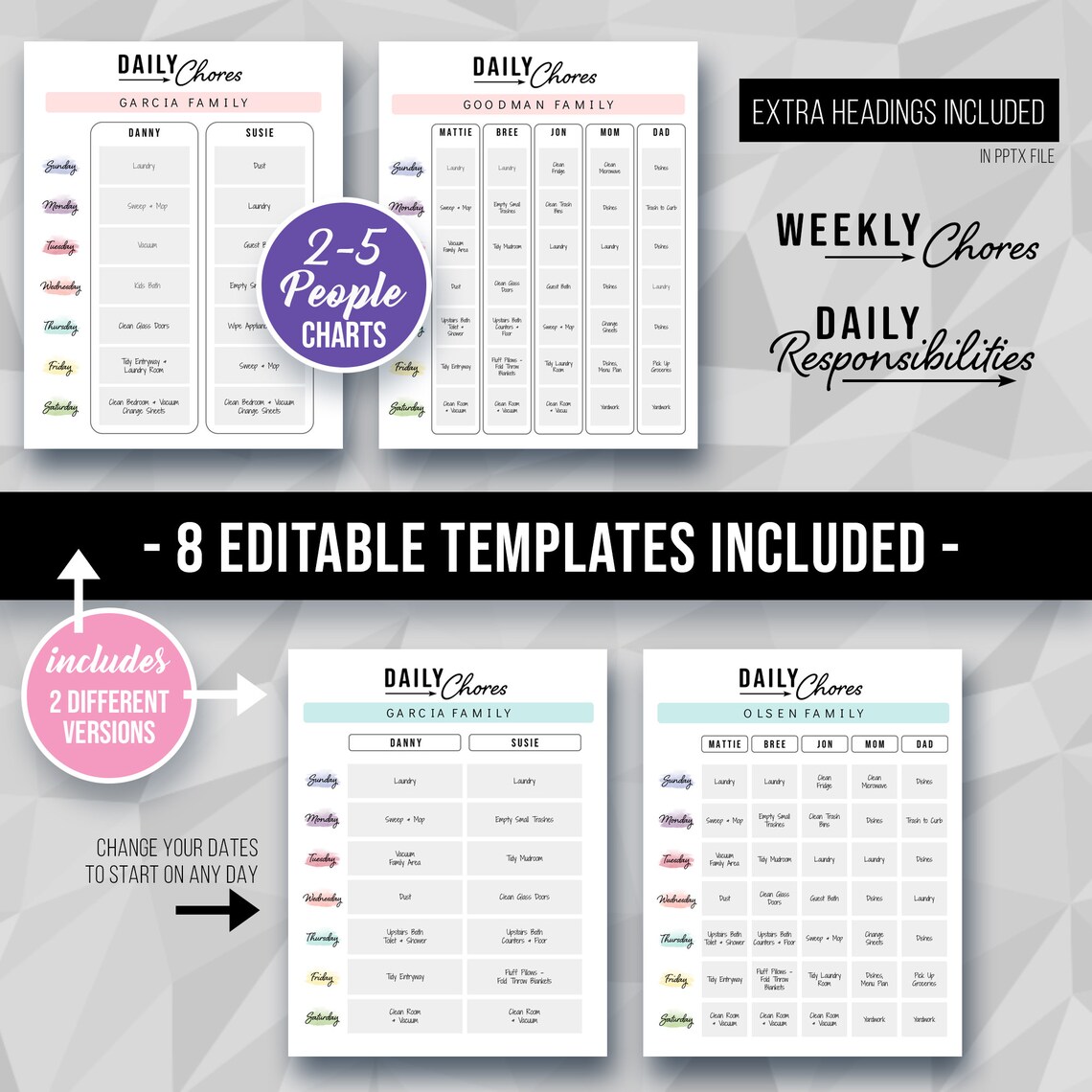 Printable Editable Family Chore Chart for 2 3 4 or 5 People - Etsy